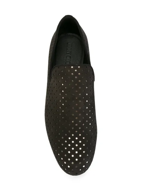 JIMMY CHOO SLOANE BLACK STAR PERFORATED DRY SUEDE SLIPPERS | ModeSens