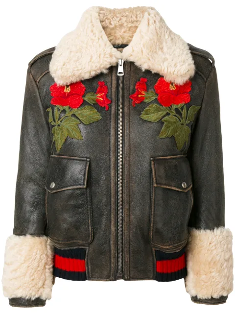 GUCCI Flower Embroidered Shearling Leather Jacket In Brown | ModeSens