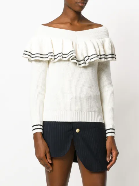 SELF-PORTRAIT Off-The-Shoulder Ruffled Ribbed Wool-Blend Sweater in ...