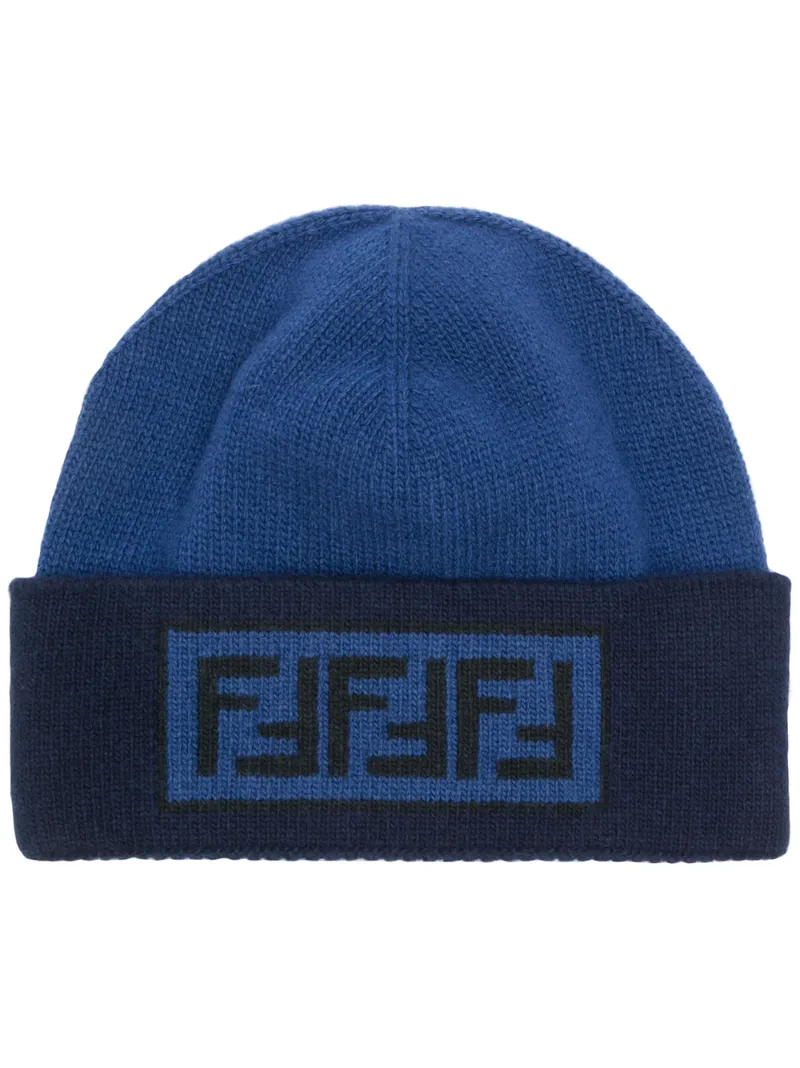 Fendi Jacquard Logo Knit Beanie - Blue | ModeSens