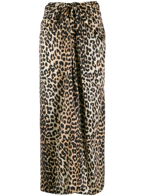 Ganni Tie Front Leopard Print Silk Blend Satin Midi Skirt In Brown