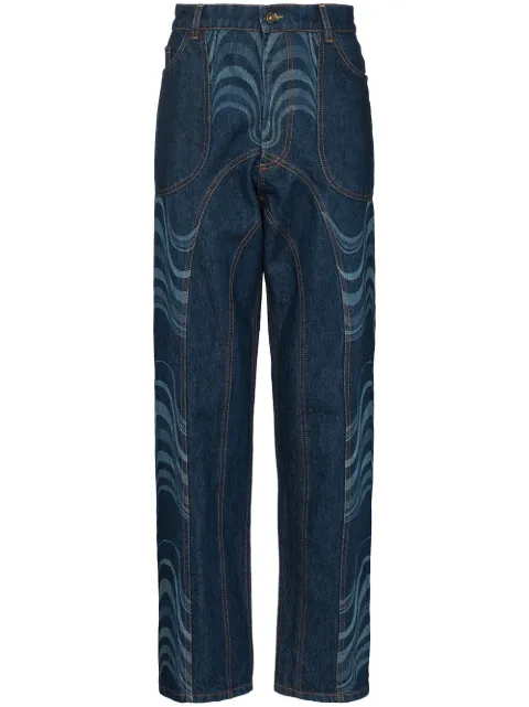 Shop blue Ahluwalia wave-print straight-leg jeans with Express Delivery ...