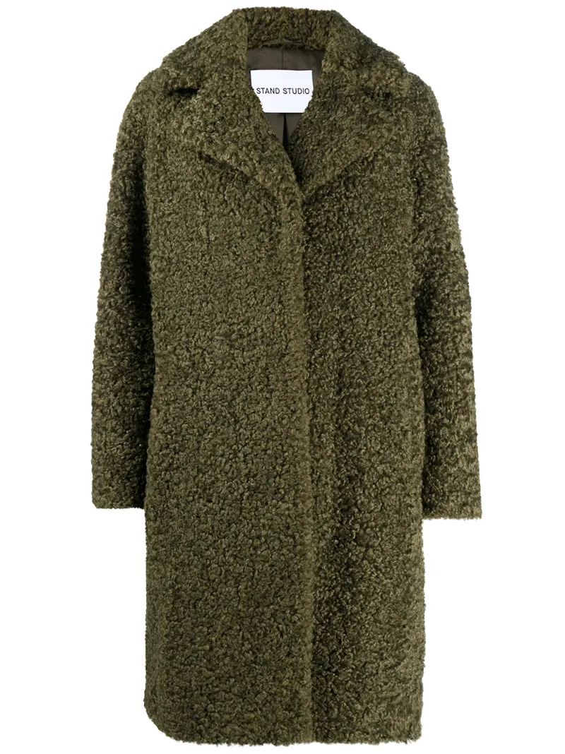 Stand Studio Single Breasted Faux Shearling Coat In Green | ModeSens