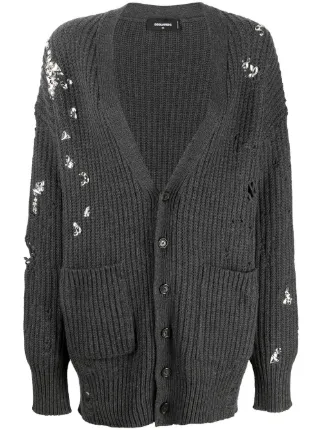 DSQUARED2 crystal-embellished distressed-effect Cardigan | Grey | FARFETCH