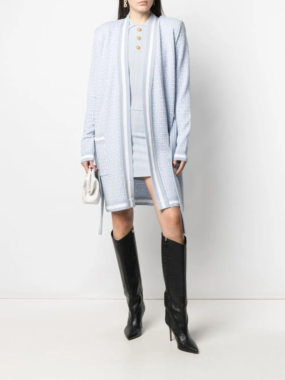 Balmain Monogram Jacquard Wool-blend Cardigan In Light Blue | ModeSens