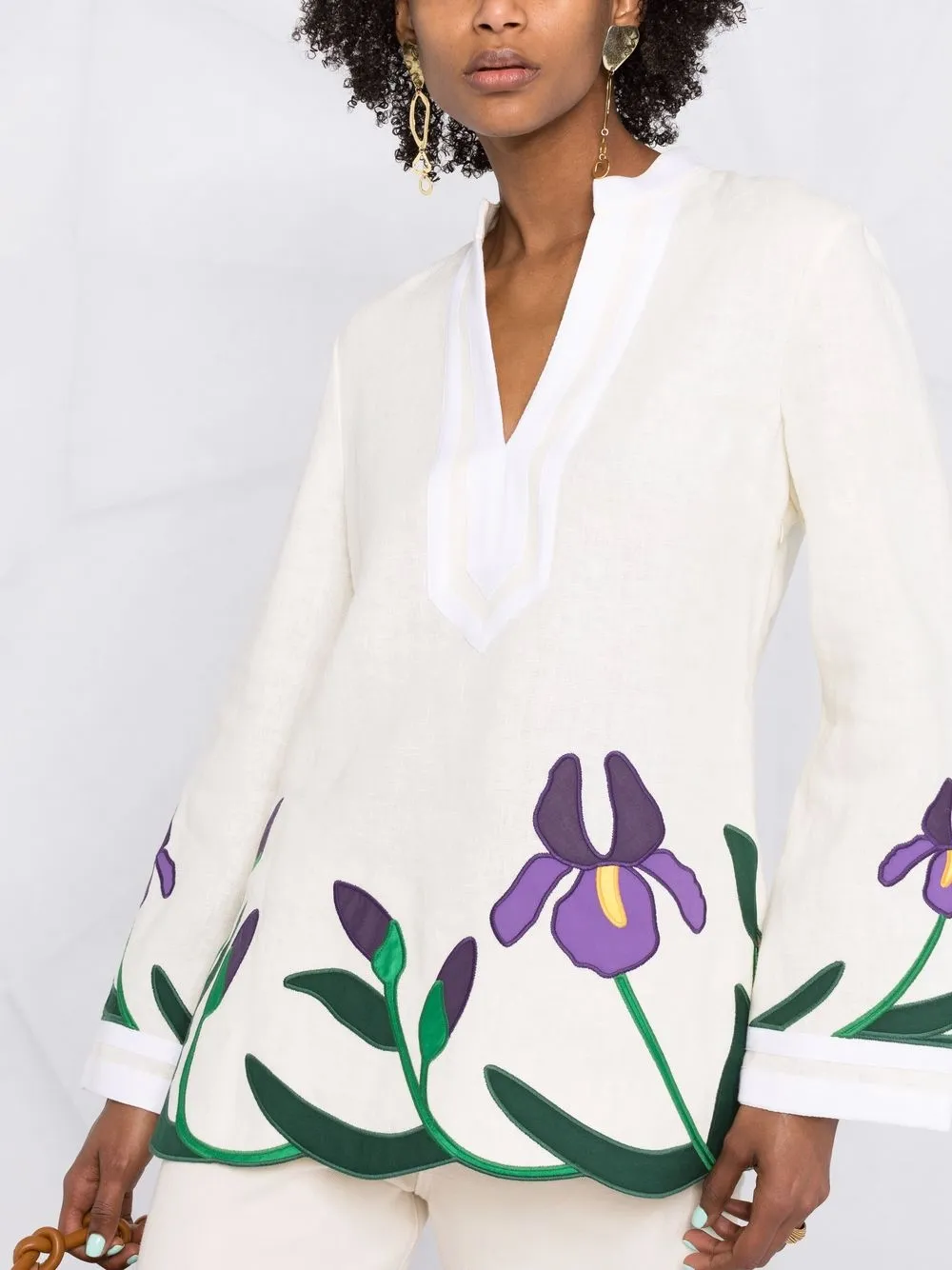 Tory Burch Iris Embroidered Appliquéd Linen Tunic In White | ModeSens