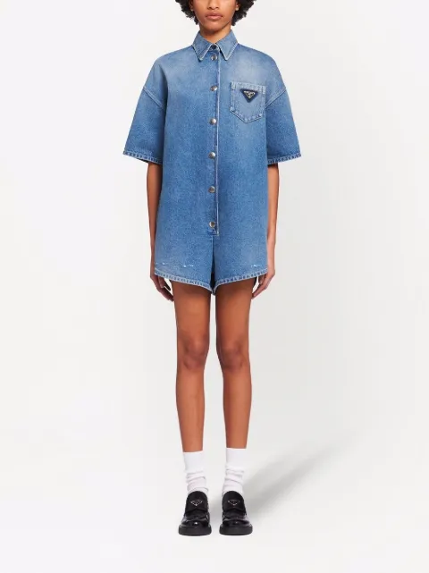 Prada logo-patch Denim Playsuit - Farfetch