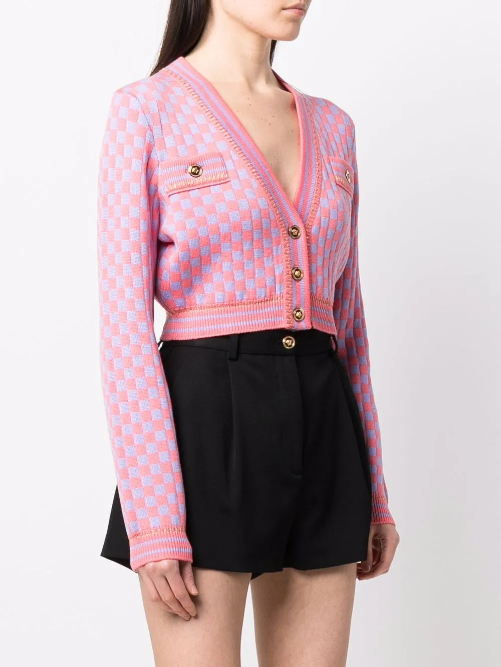 Versace Pink & Purple Checkboard Cropped Cardigan | ModeSens
