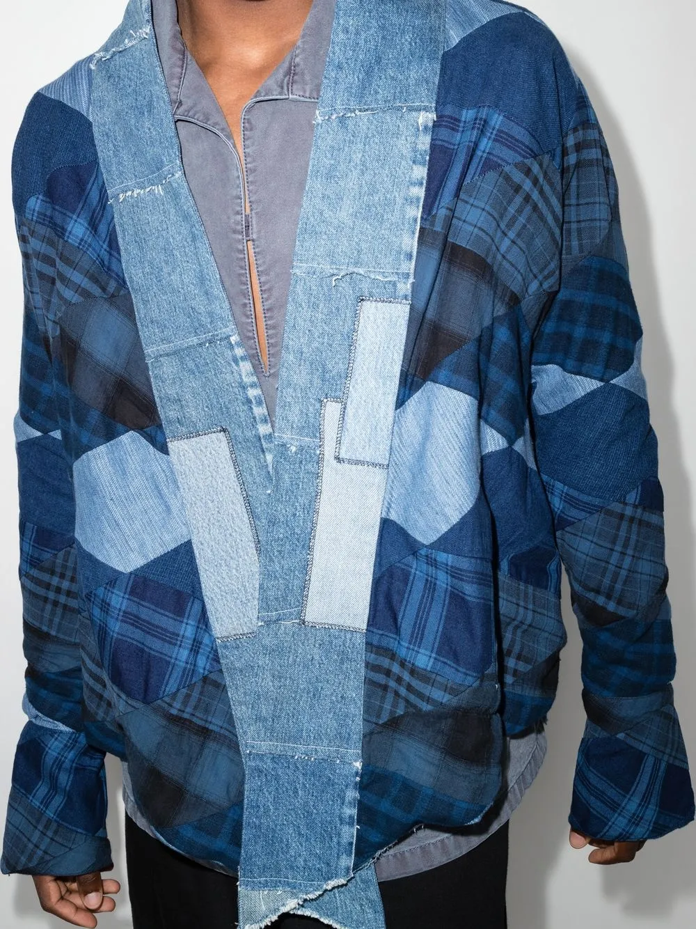 Greg Lauren Diamond Patchwork Denim Shirt Jacket In Blue | ModeSens
