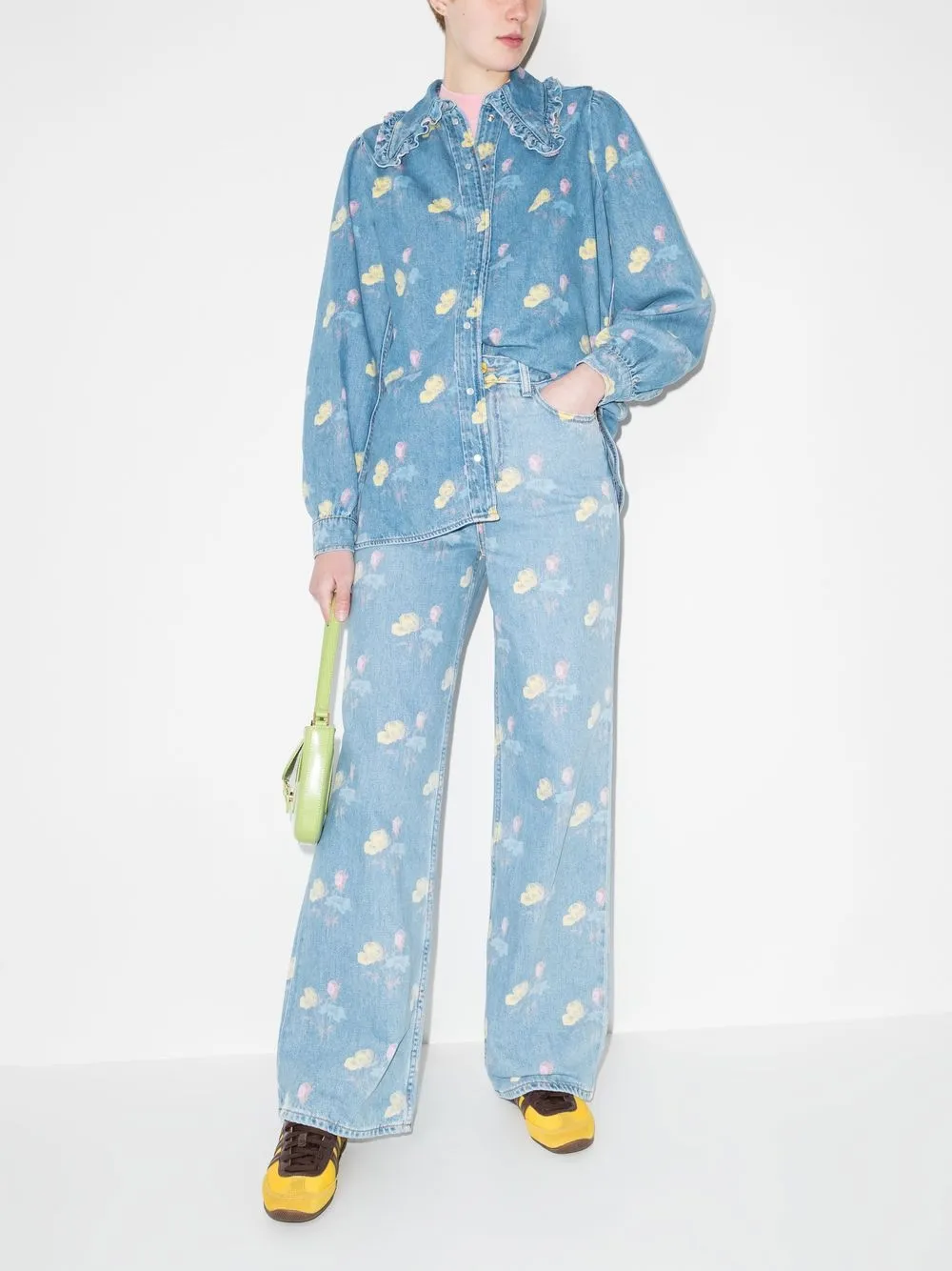 Ganni Blue Denim Core Edition Magny Wide Straight Jeans In Bleach Blue ...