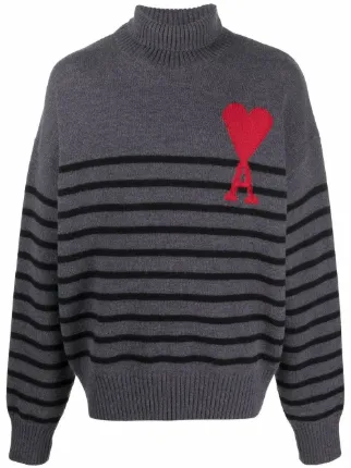 AMI Paris Ami De Coeur Striped Jumper | Grey | FARFETCH