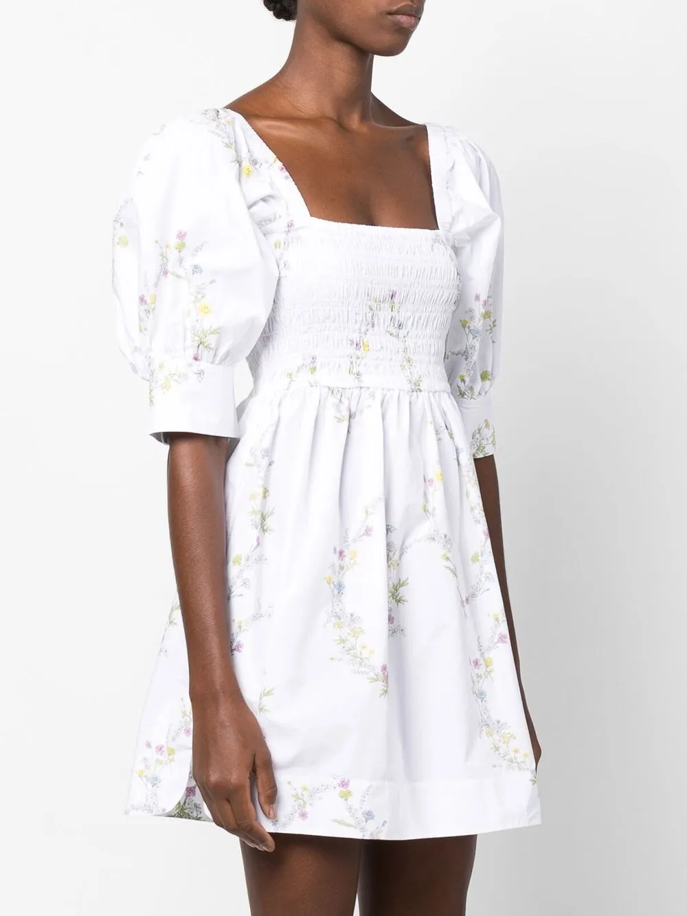 Ganni White Floral Puff Sleeve Mini Dress Modesens