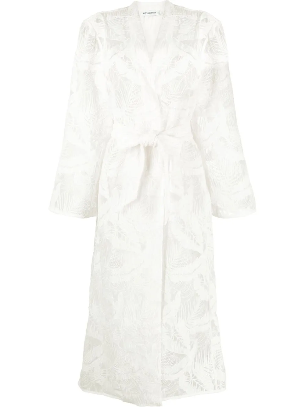Self-portrait Sheer Tie-waist Jacquard Coat In Weiss | ModeSens
