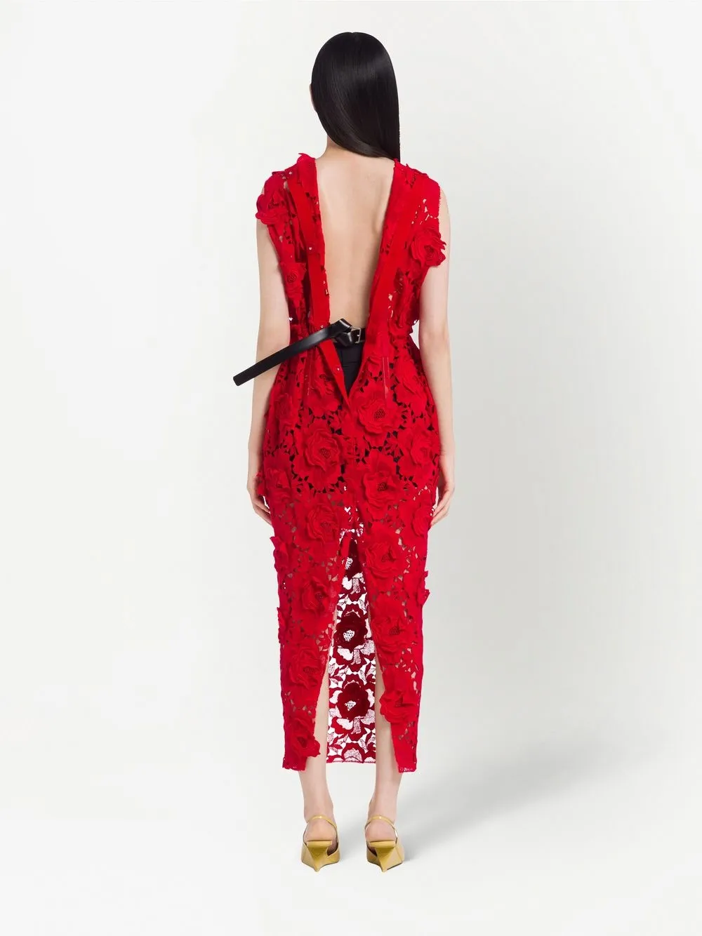 Prada Women's Rose-appliqued Cotton-blend Lace Midi Dress In Red | ModeSens