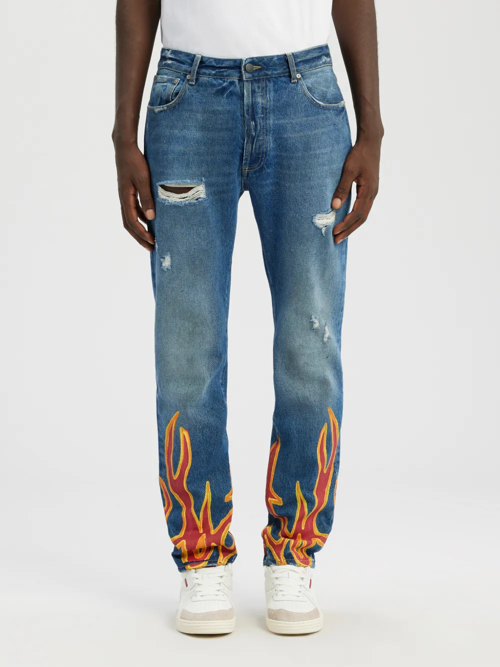 BURNING FLAMES REGULAR DENIM PANTS - Palm Angels® Official