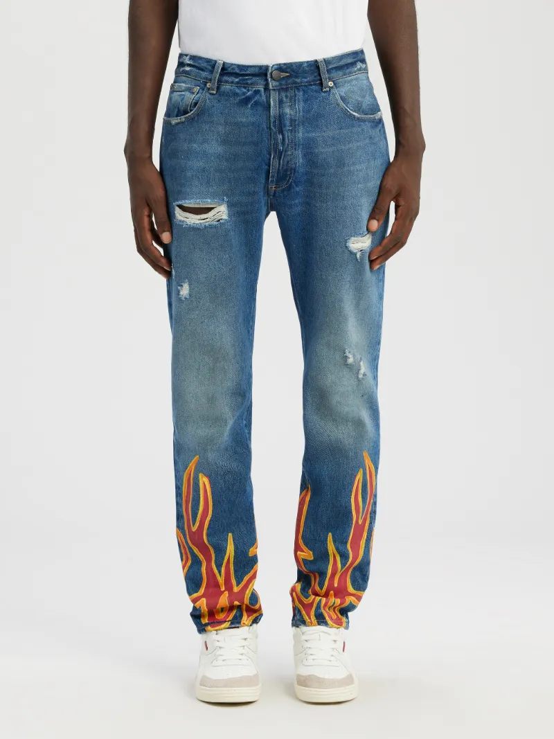 BURNING FLAMES REGULAR DENIM PANTS - Palm Angels® Official