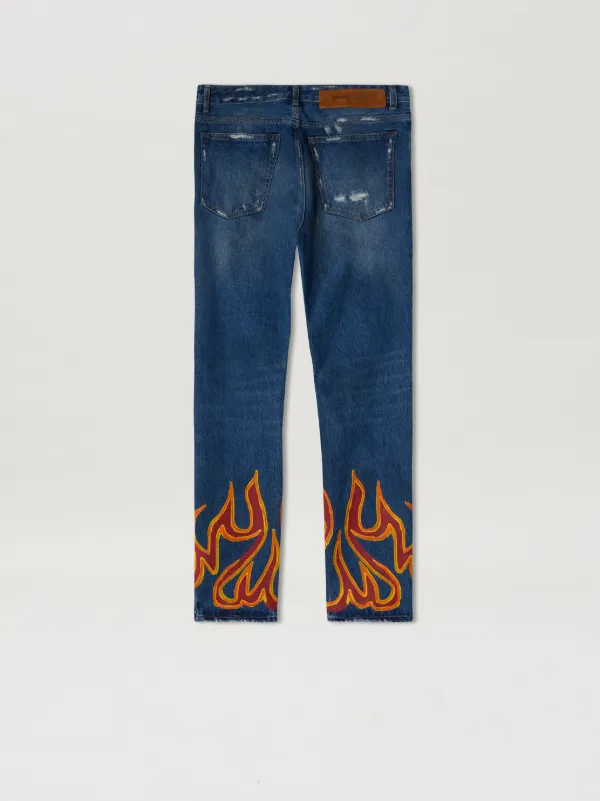 BURNING FLAMES REGULAR DENIM PANTS - Palm Angels® Official