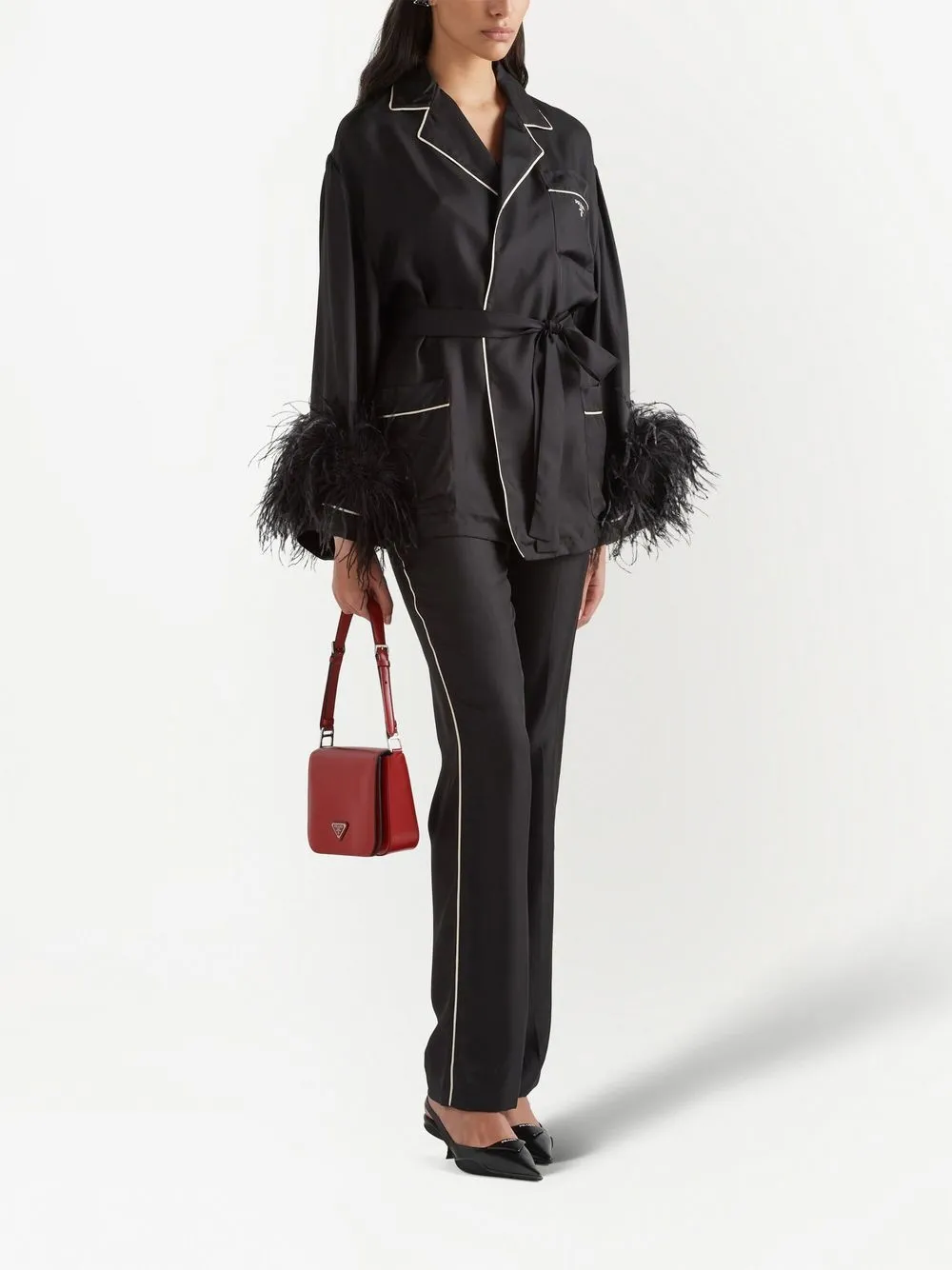 Prada contrast-trim Belted Robe | Black | FARFETCH UK