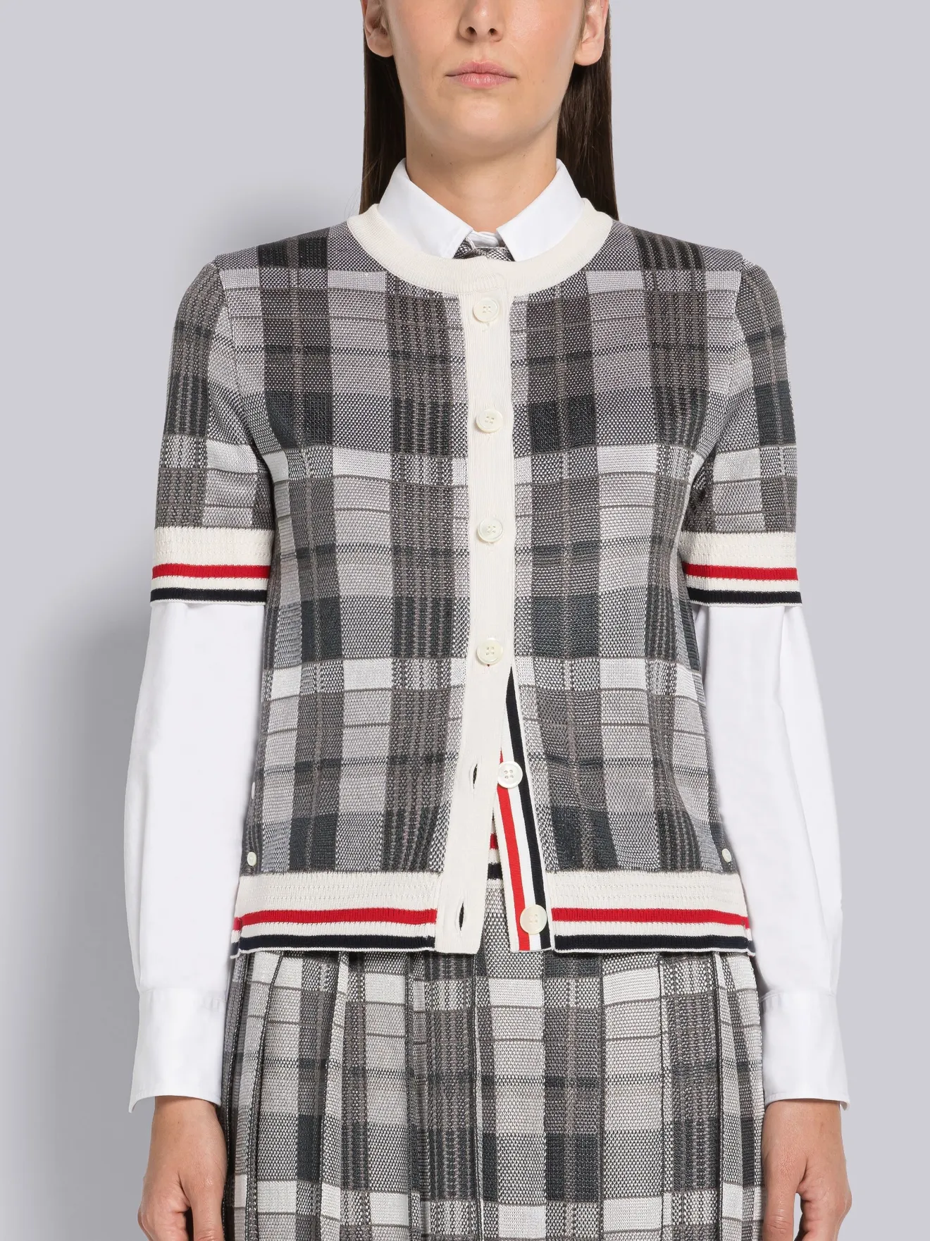 Cotton Silk Madras Short Sleeve Cardigan | Thom Browne Official