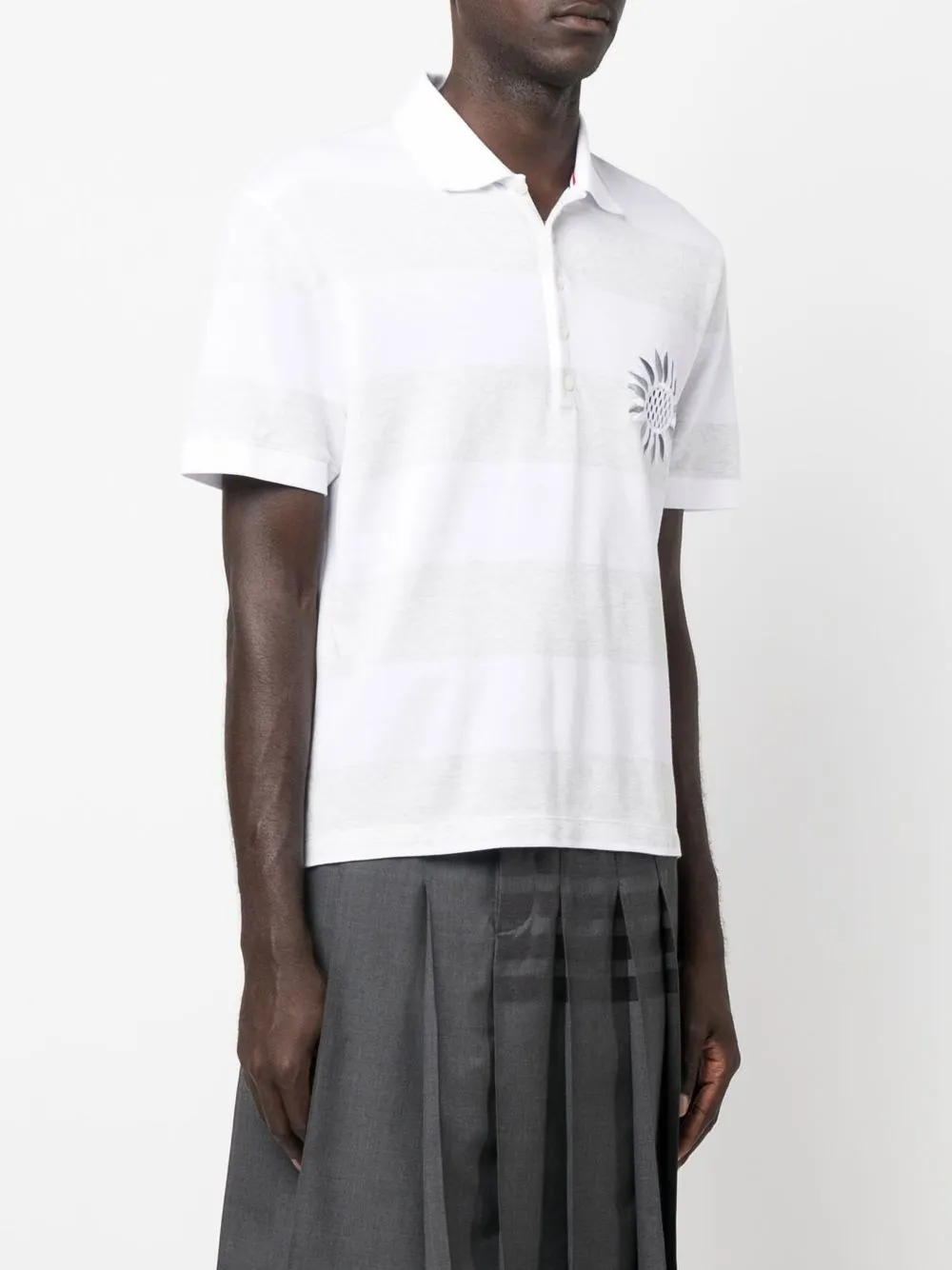 Thom Browne flower-embroidered Striped Polo Shirt | Grey | FARFETCH