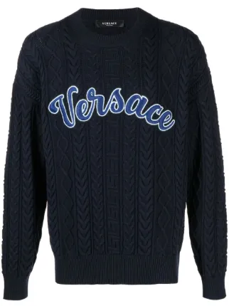 Versace Logo Appliqué cable-knit Jumper | Blue | FARFETCH HK