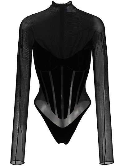 Mugler X Wolford Sheer Panelled Bodysuit Black Modes