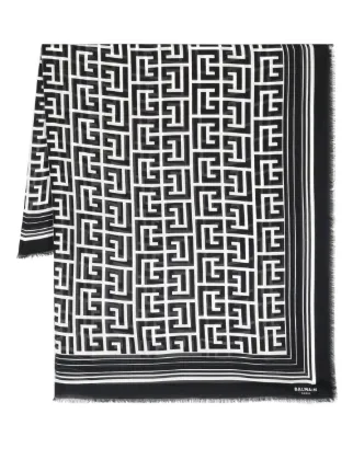Balmain monogram-print frayed-edge Scarf | Black | FARFETCH