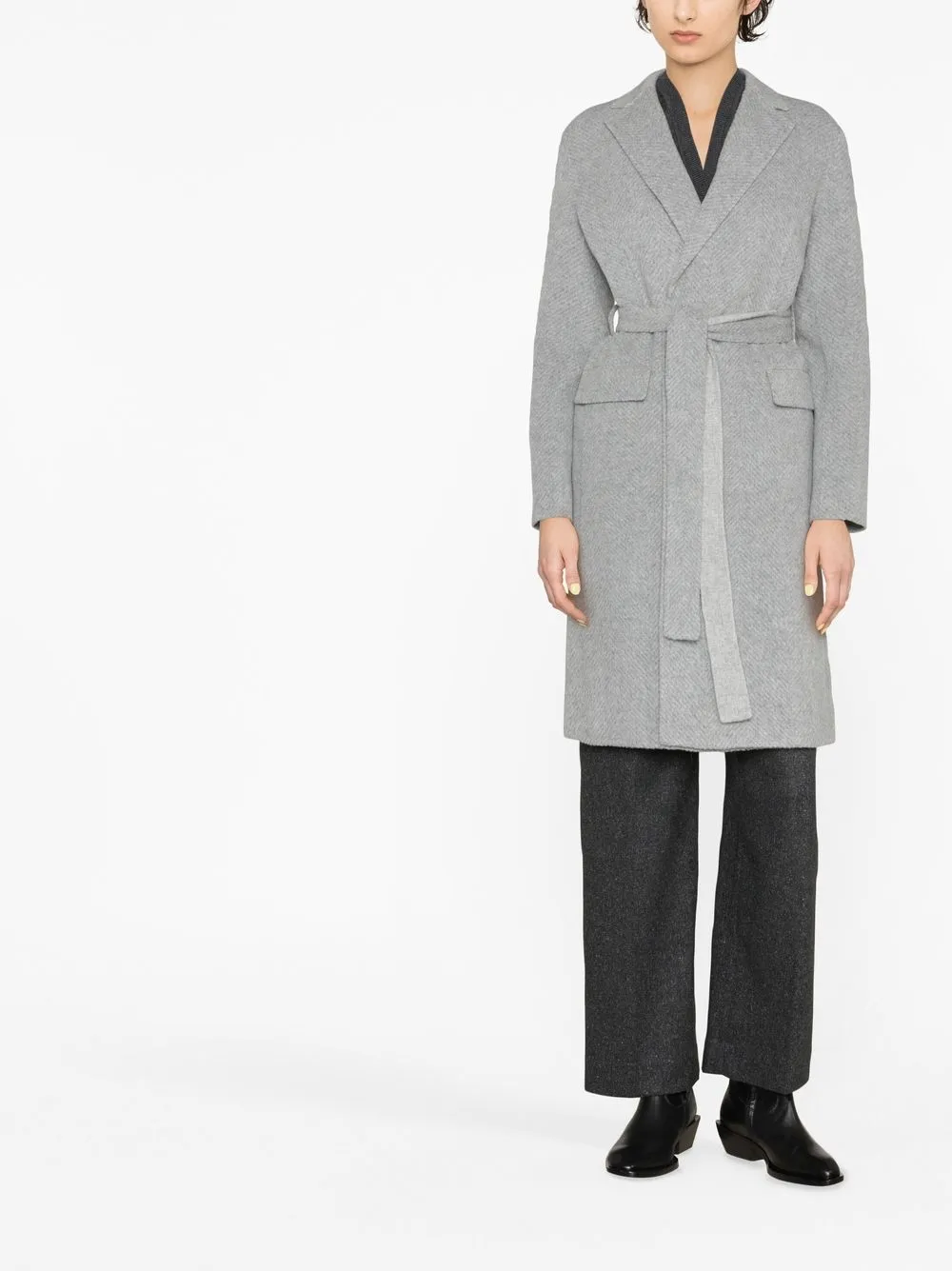Theory Brushed-texture Tie-waist Wool Coat In Grey | ModeSens