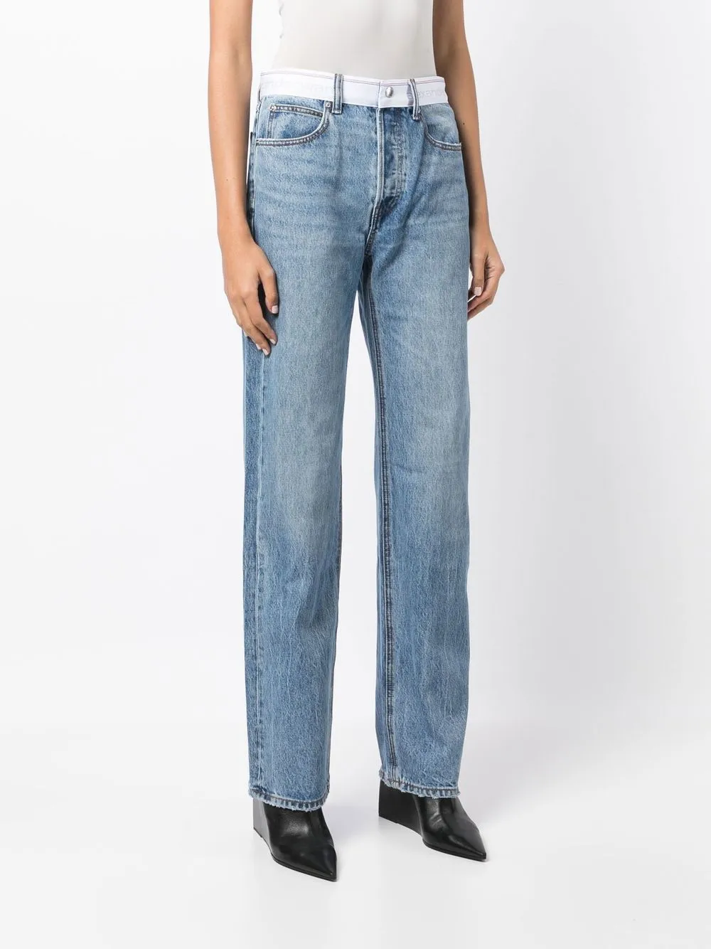 Alexander Wang Logo Waistband Straight Leg Jeans In 蓝色 Modesens