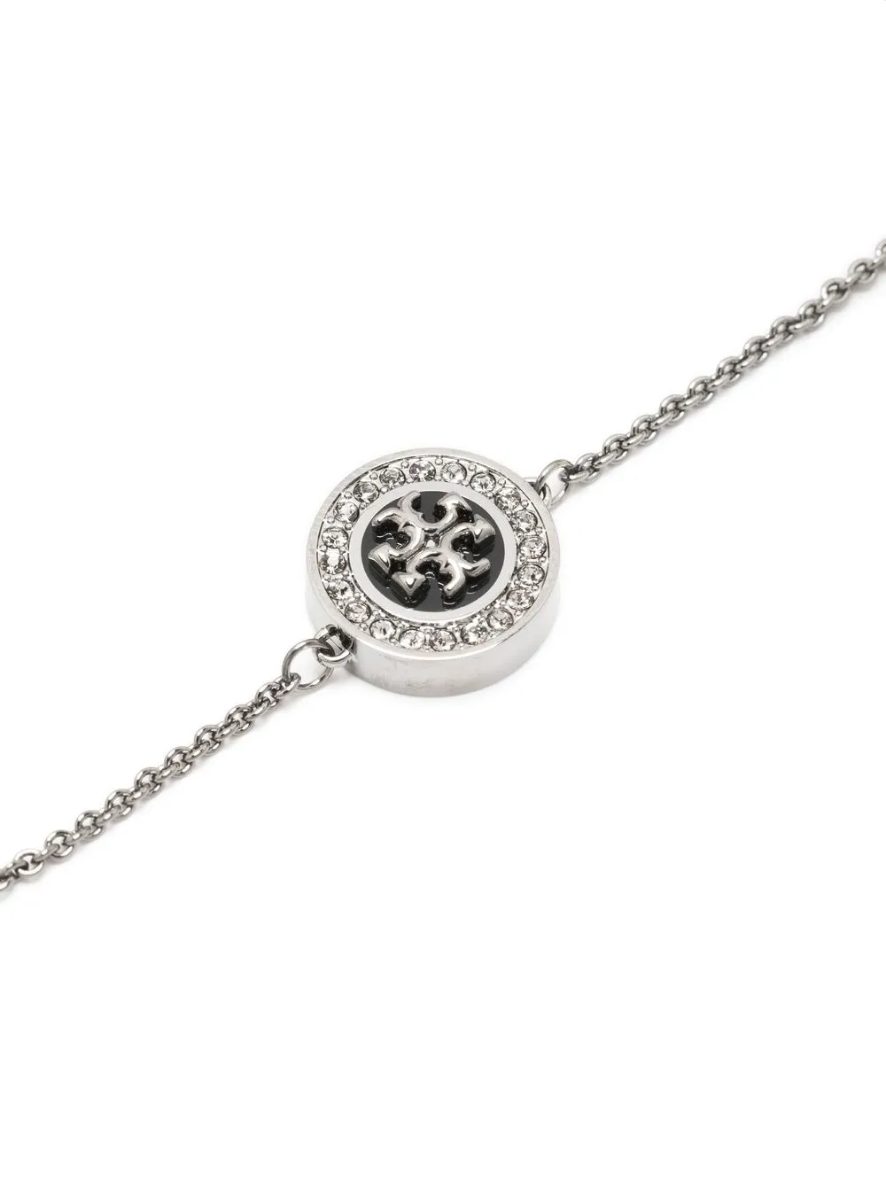 Tory Burch Crystal Embellished Logo Patch Bracelet In Silver Modesens