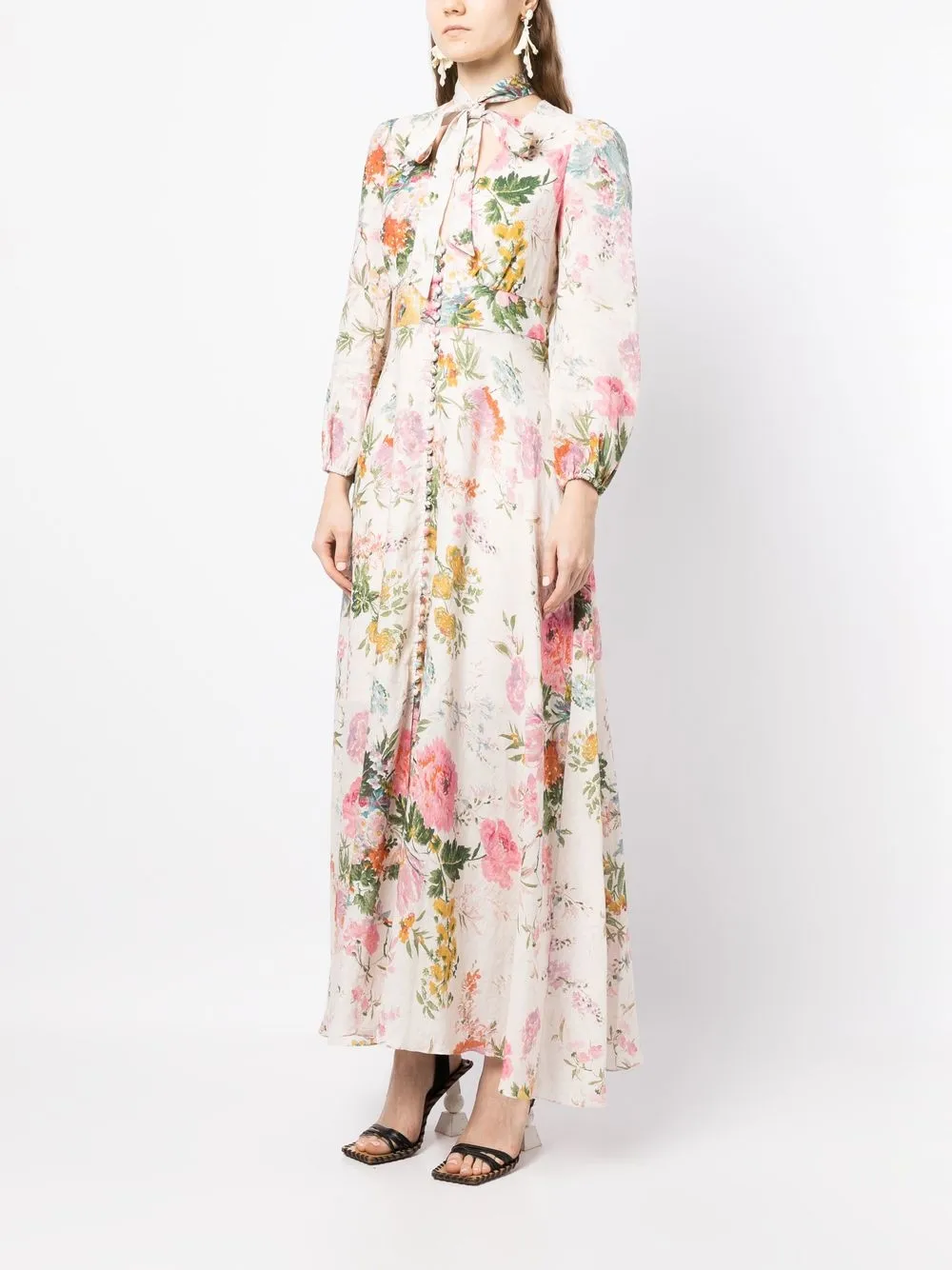 Zimmermann Floral Print Linen Maxi Dress In Multicolour Modesens