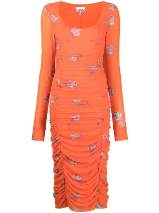 GANNI floral-print Ruched Midi Dress - Farfetch