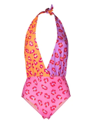 FARM Rio leopard-print Halterneck Swimsuit | Multicolour | FARFETCH
