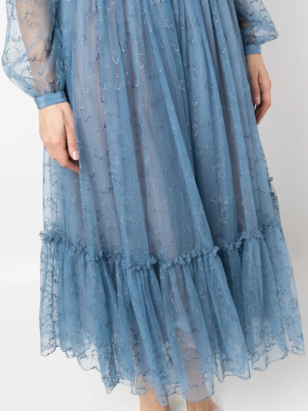Saloni Lace-trim Long-sleeve Midi Dress In Blue | ModeSens