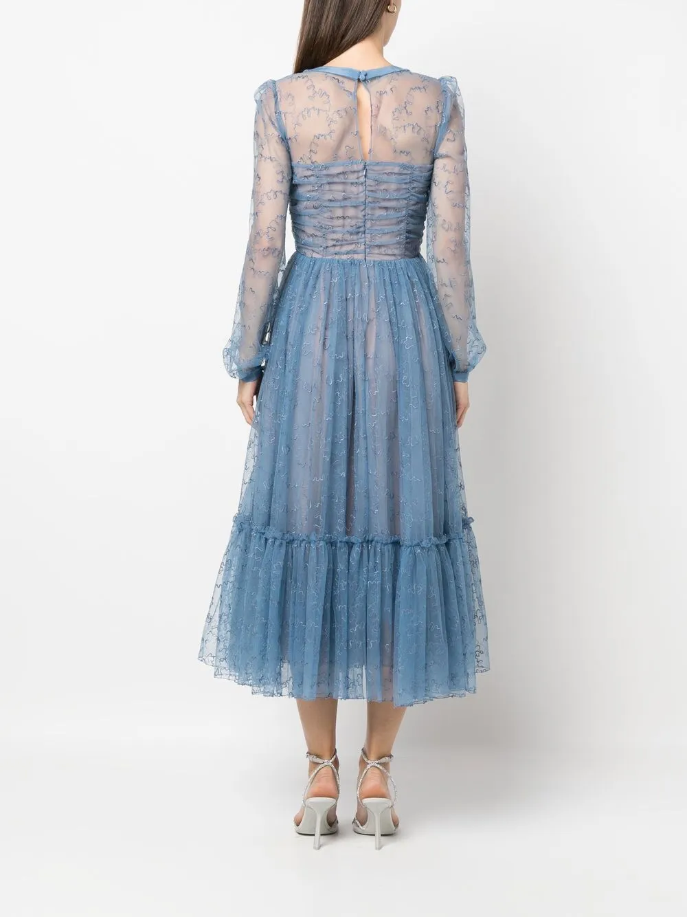 Saloni Lace-trim Long-sleeve Midi Dress In Blue | ModeSens