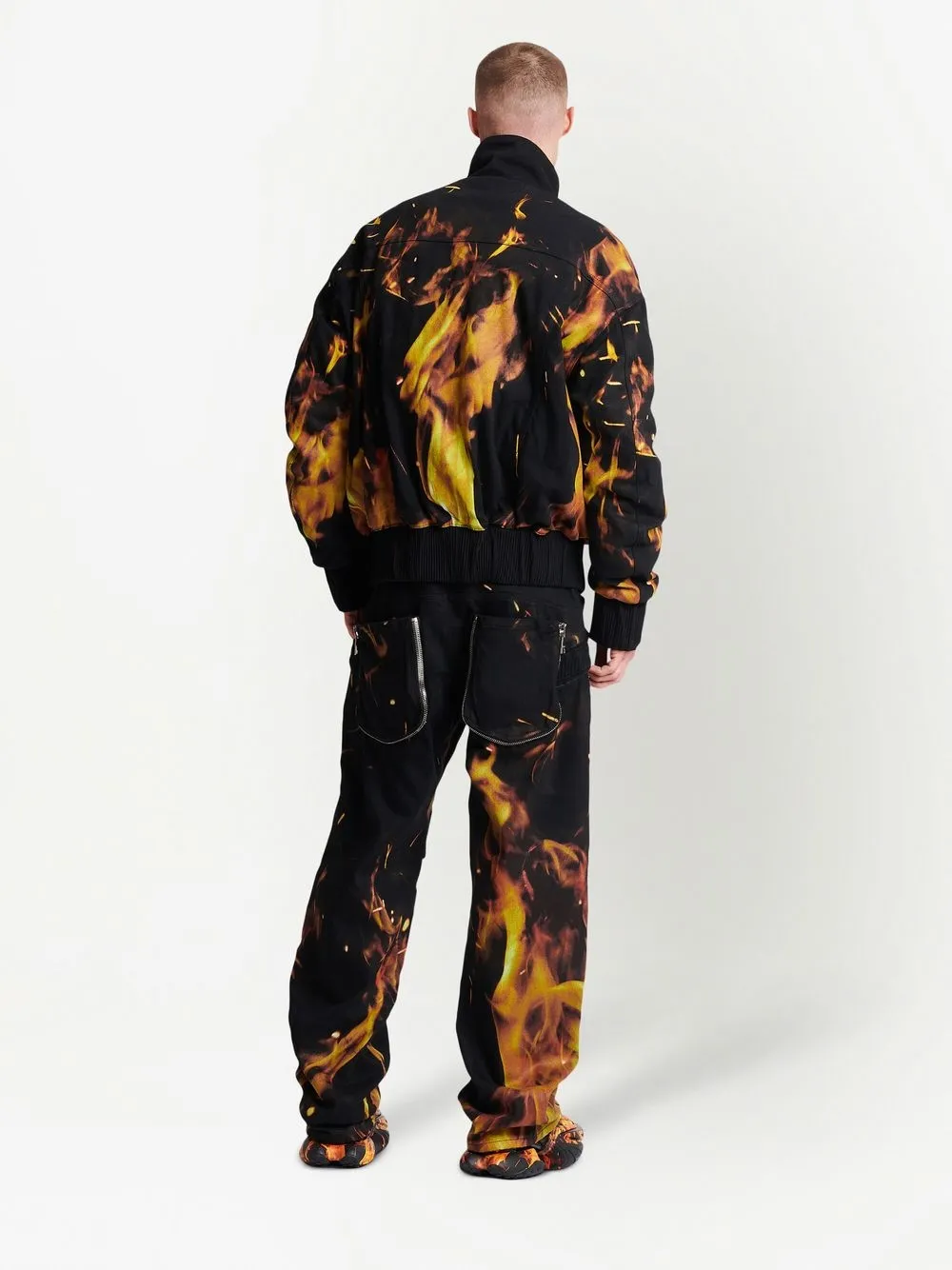 Balmain Jeans-bomberjacke Mit Flammen-print In Black | ModeSens