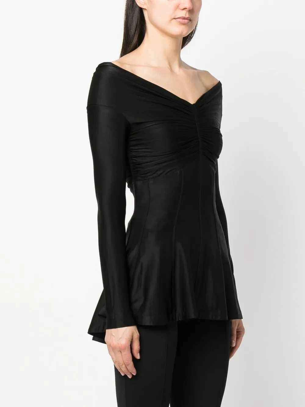 Rabanne Ruched off-shoulder Flared Top | Black | FARFETCH UK