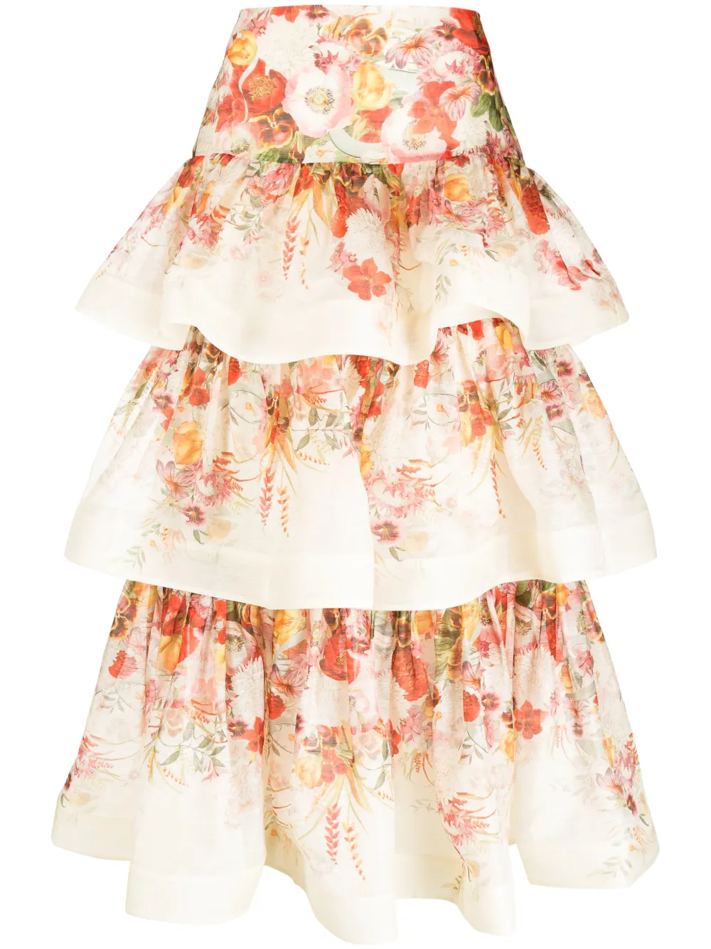 Zimmermann Wonderland Floral Tiered Linen And Silk Skirt In Elka Poppy