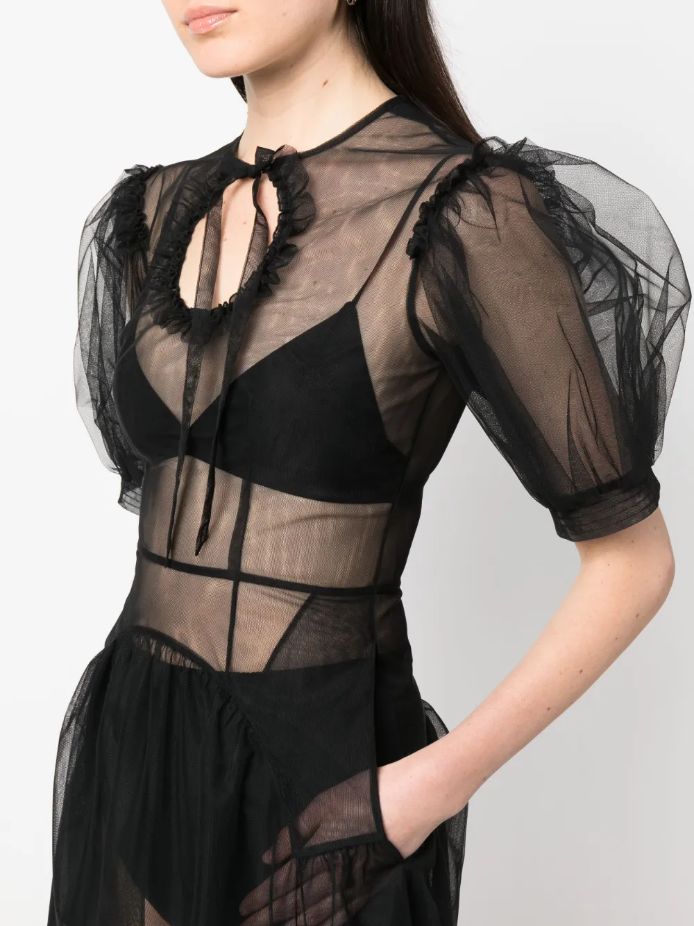 Simone Rocha Semi Sheer Puff Sleeve Midi Dress In Black Modesens