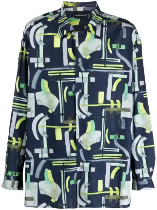 Emporio Armani abstract-print long-sleeved Shirt | Blue | FARFETCH UK