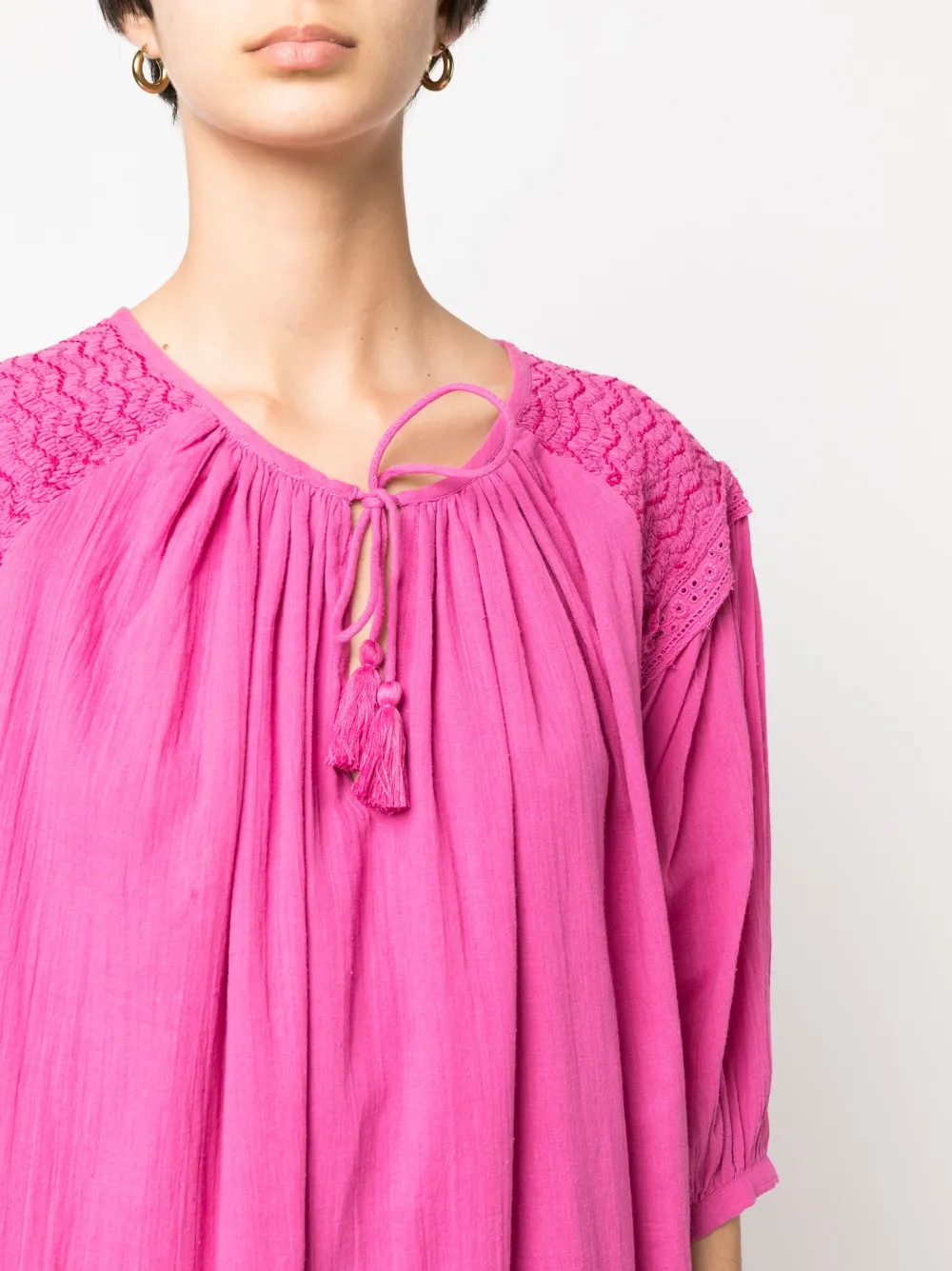 Louise Misha Smocked-panel Half-sleeved Dress In Pink | ModeSens