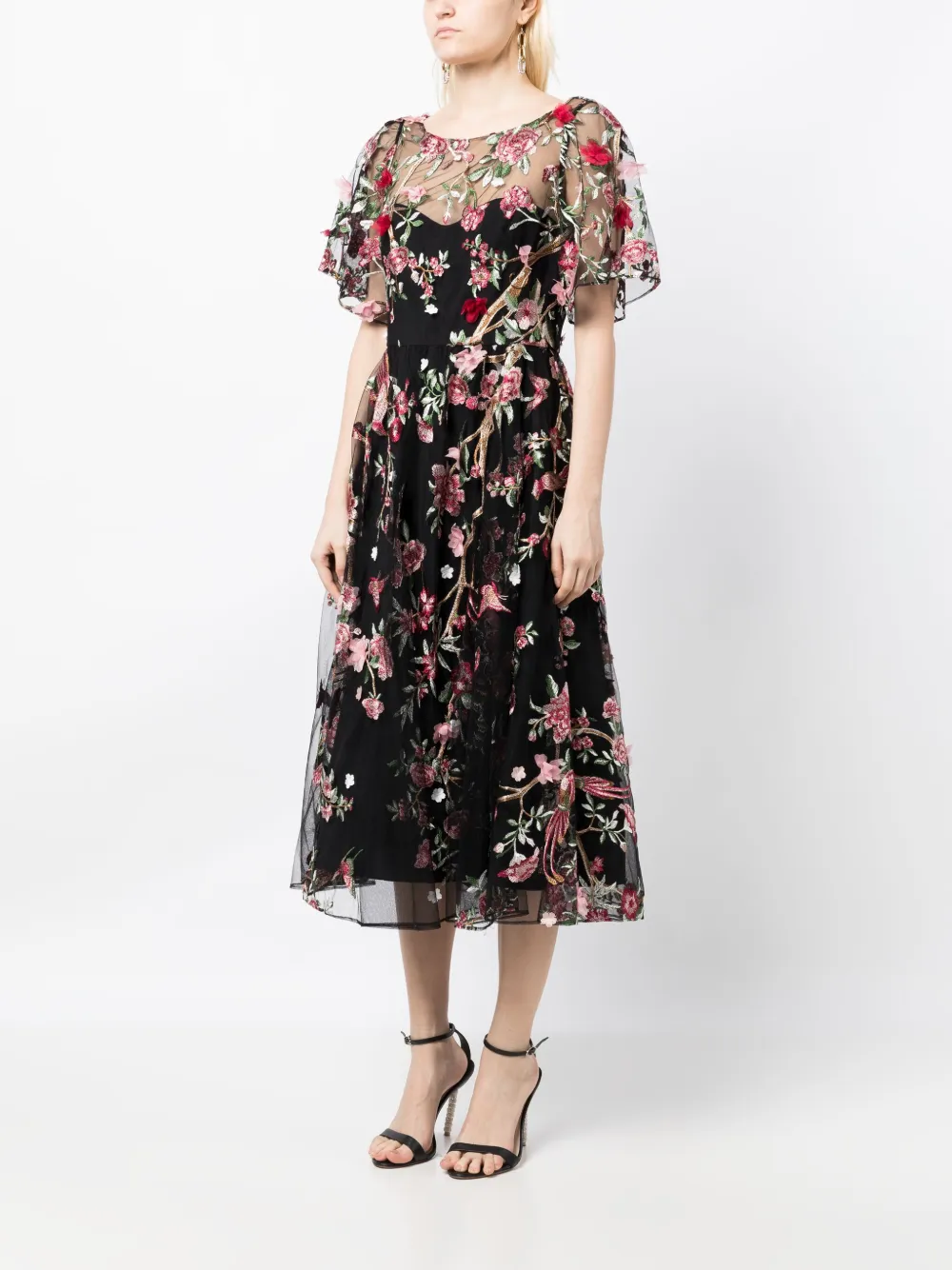 Marchesa Notte Floral Embroidery Midi Dress Black Farfetch