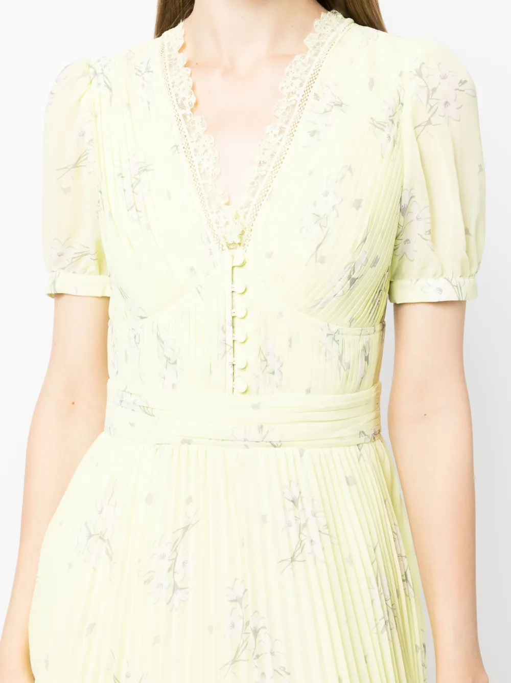 Self Portrait Lime Floral Chiffon Midi Dress In Yellow Modesens