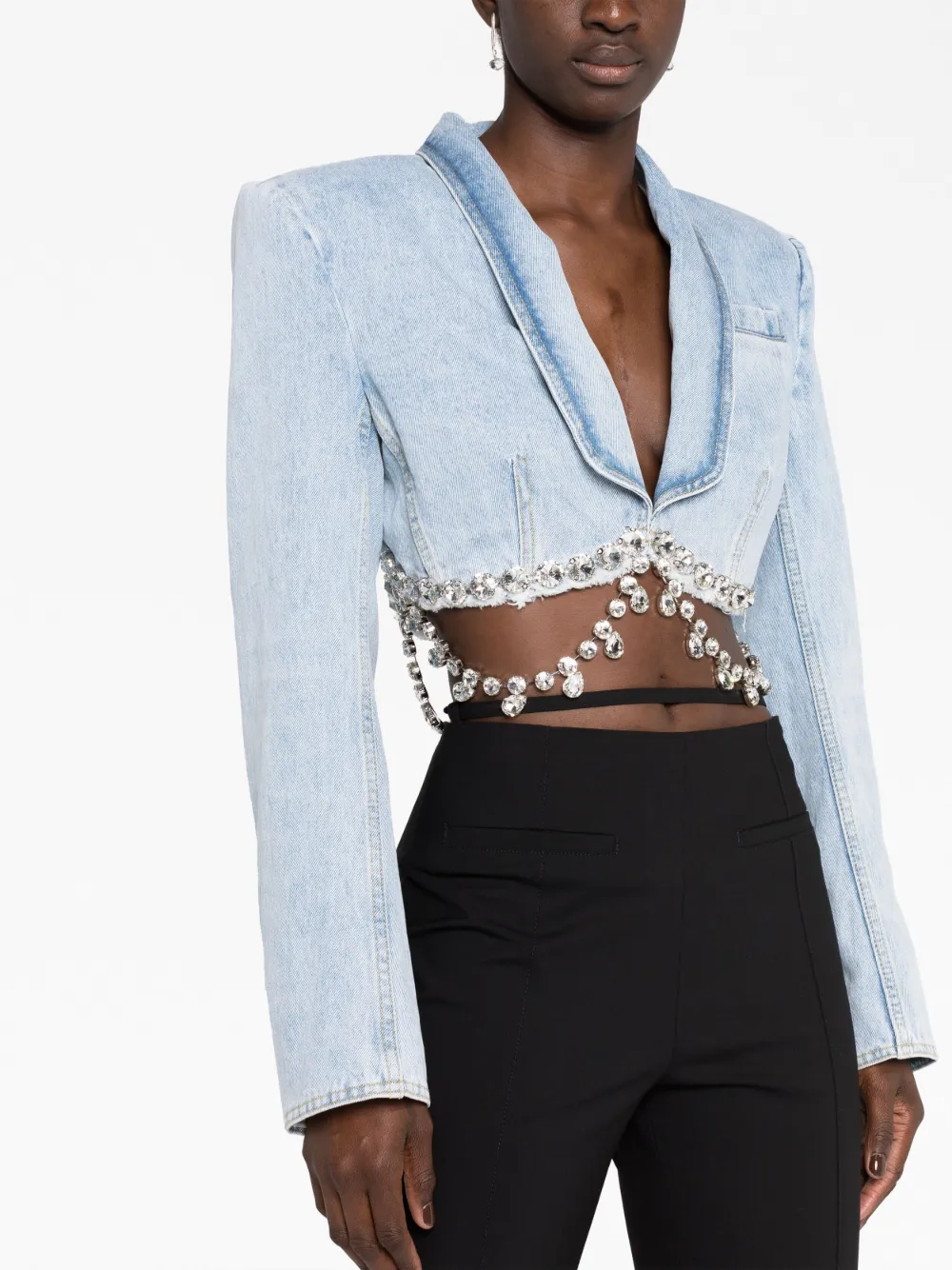 Area Cropped Crystal-embellished Denim Blazer In Blue | ModeSens