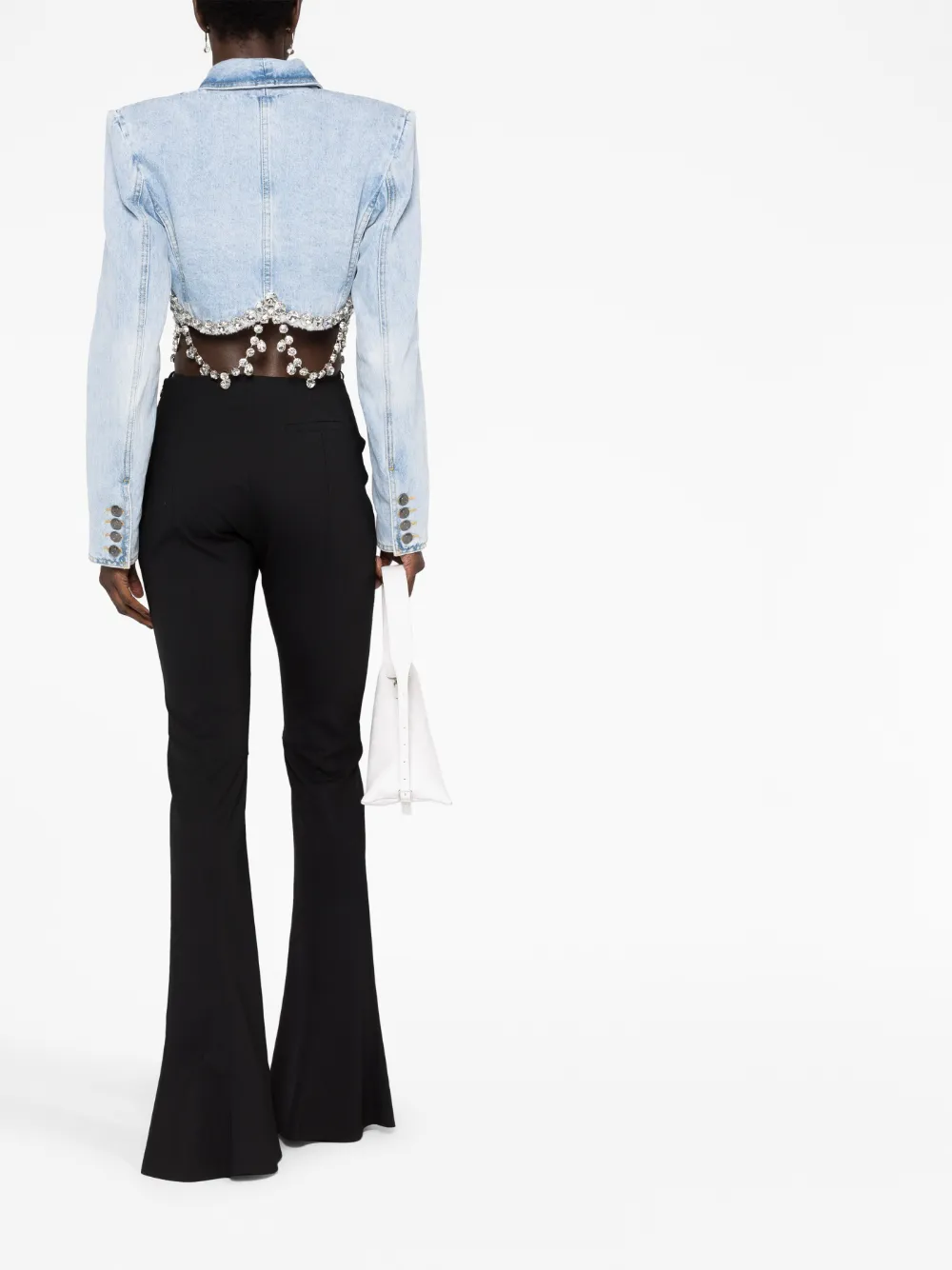Area Cropped Crystal-embellished Denim Blazer In Blue | ModeSens