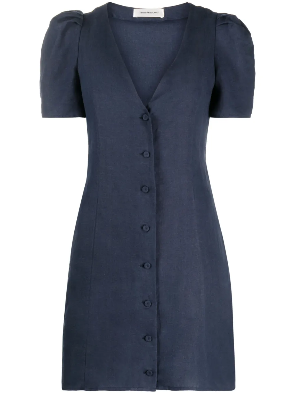 There Was One Puff-sleeve Buttoned Linen Minidress In Blue | ModeSens