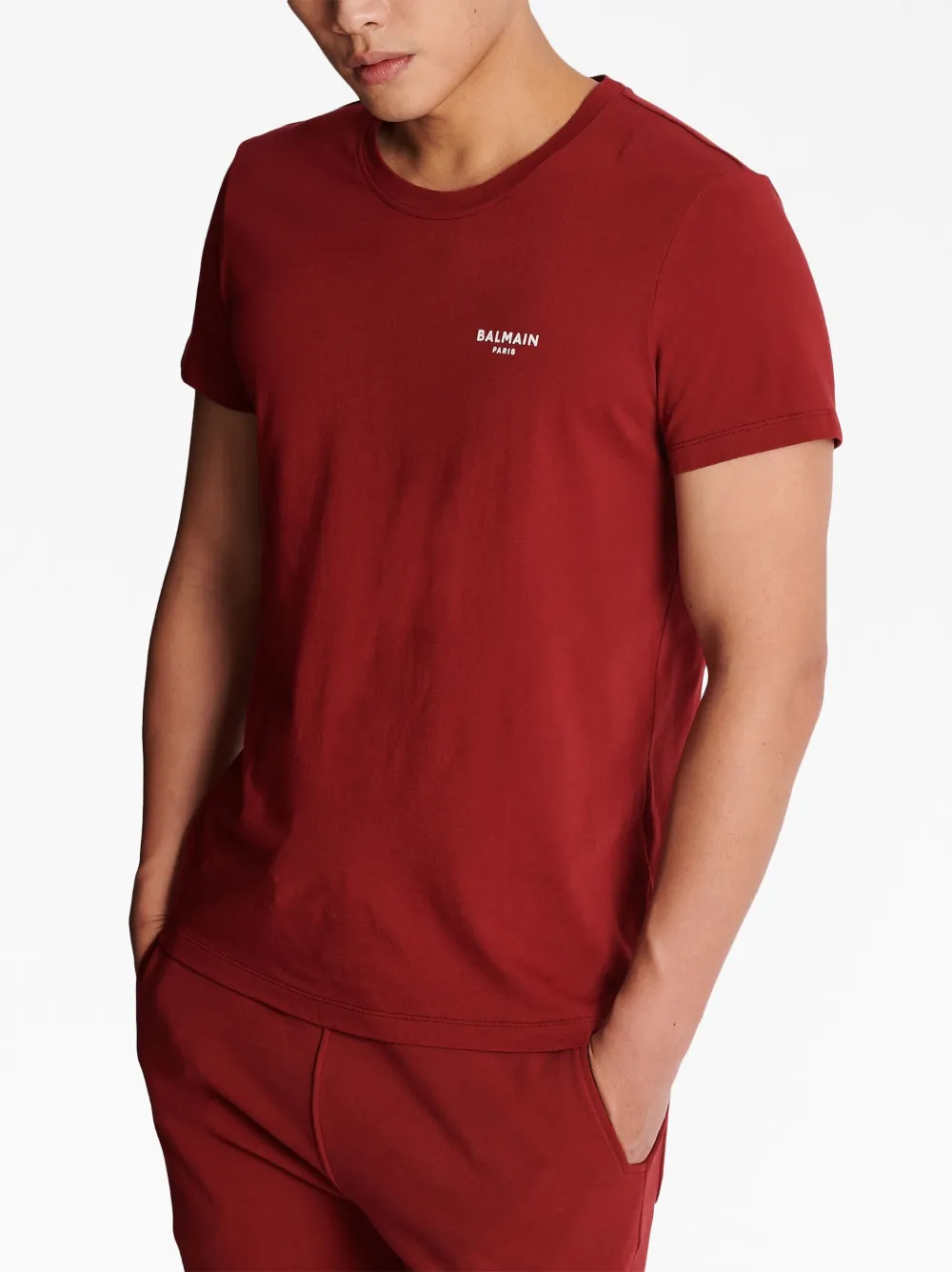 Balmain flocked-logo Organic Cotton T-shirt | Red | FARFETCH