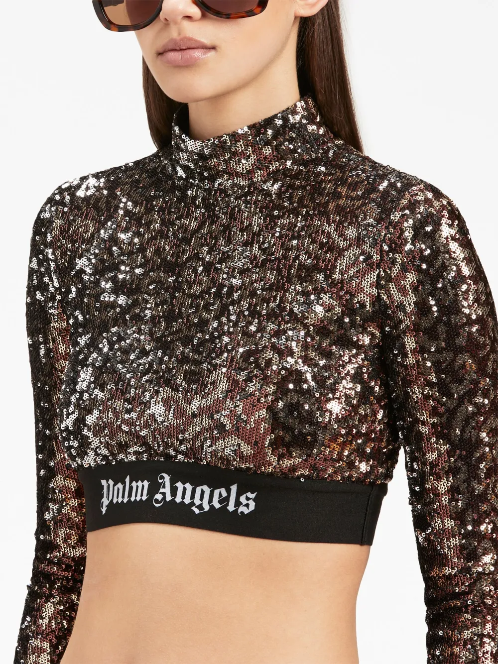 Palm Angels logo-strap Sequin Cropped Top | Brown | FARFETCH