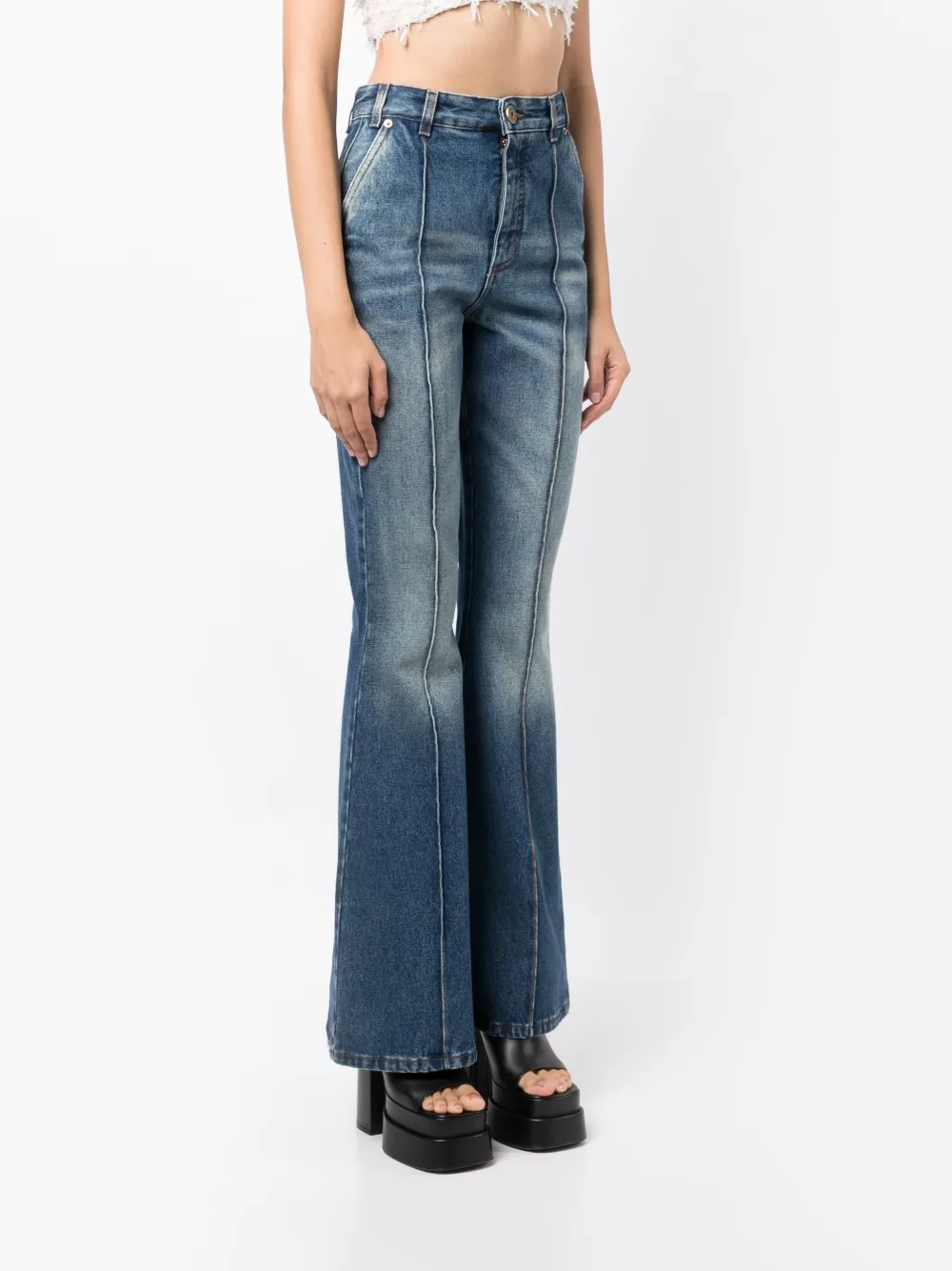 Balmain high-waisted Cotton Flared Jeans | Blue | FARFETCH