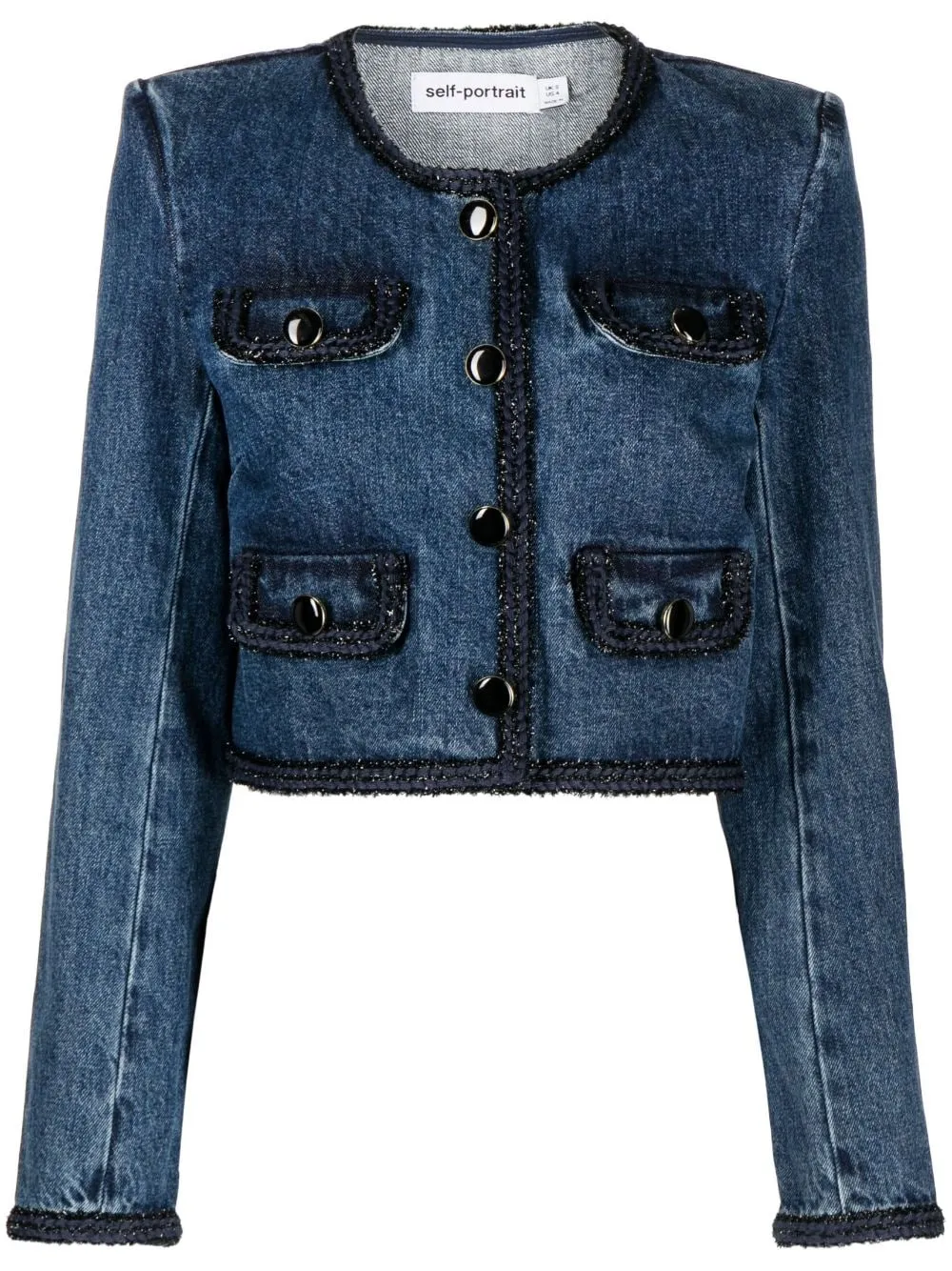 Self-portrait Cropped Braid-trim Denim Jacket In Blue | ModeSens